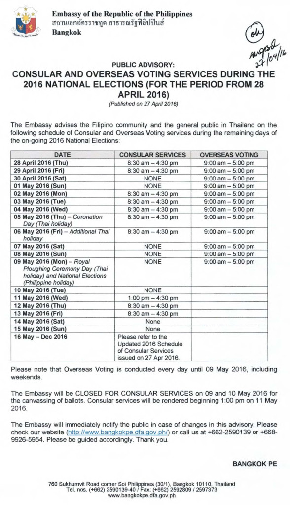 Schedule of Overseas Voting at the PHL Embassy — Pinoy Thaiyo